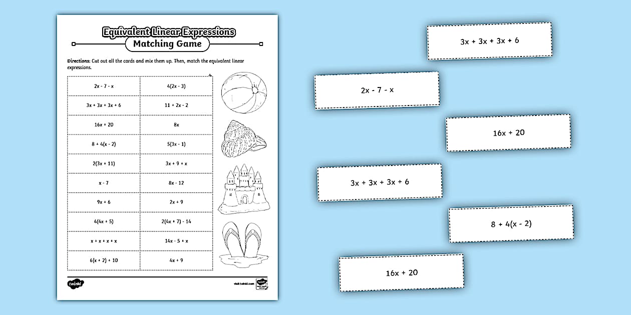 Seventh Grade Equivalent Linear Expressions Summer Matching