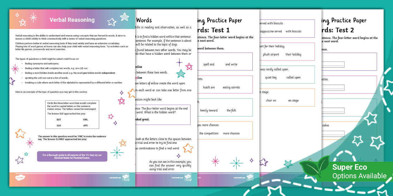 11+ Verbal Reasoning Practice Paper: Hidden Words - Twinkl