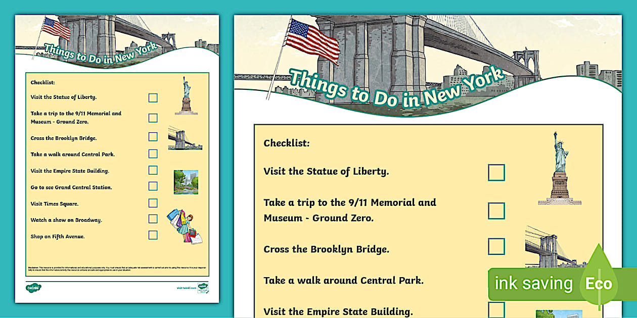 Things to Do in New York Checklist Activity (teacher made)