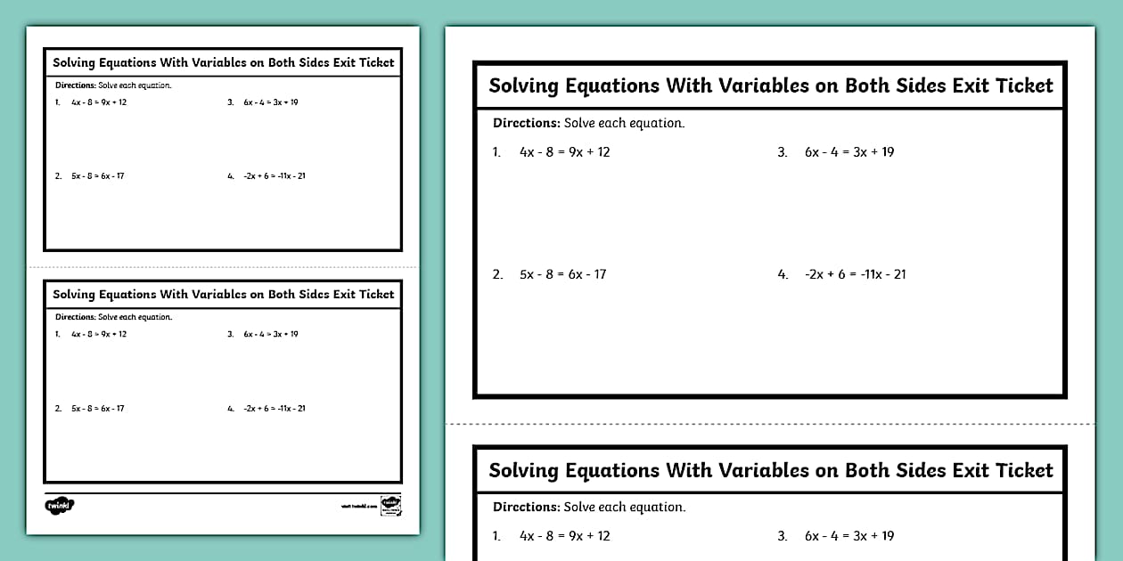 Eighth Grade Solving Equations With Variables on Both Sides Exit Ticket