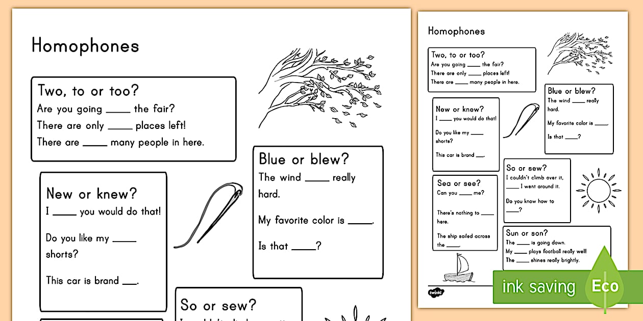 Second Grade Fill in the Homophones Worksheet (Teacher-Made)