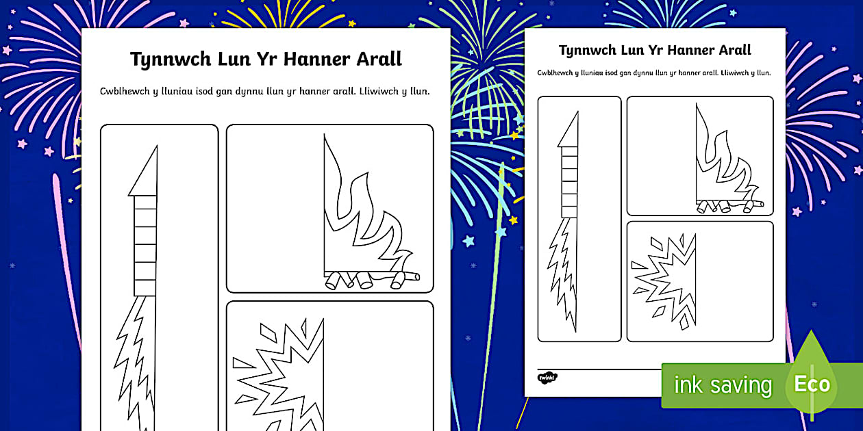 Adnodd cymesuredd – tynnu llun hanner arall tân gwyllt