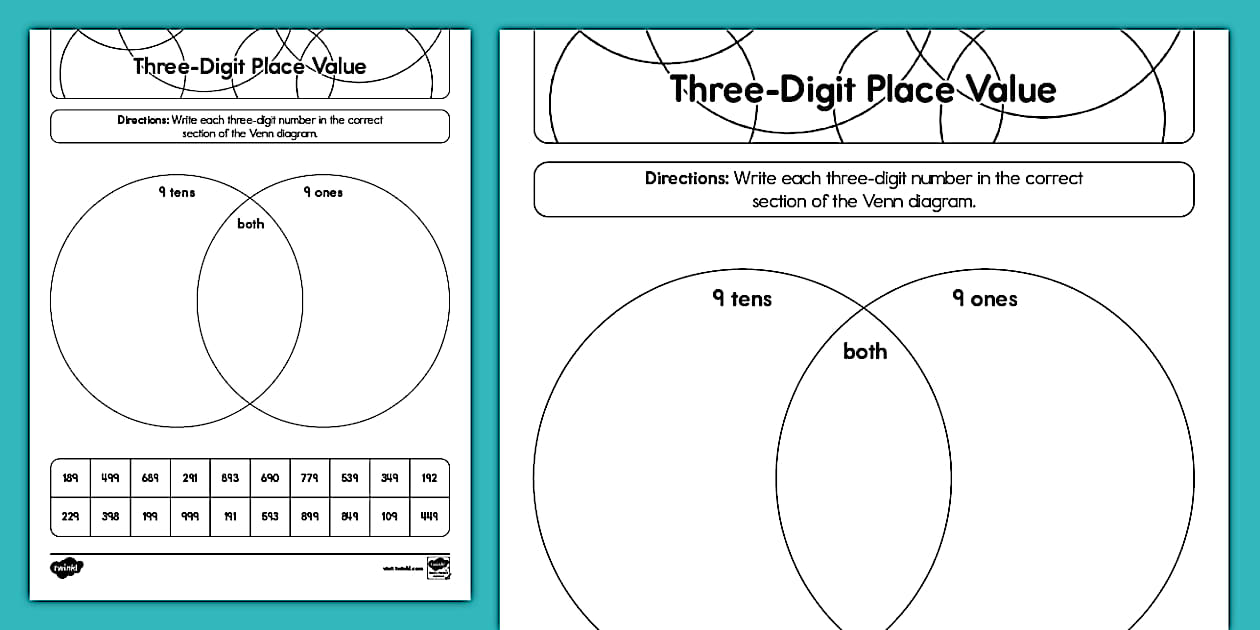 Second Grade Three Digit Place Value Venn Diagram Worksheet