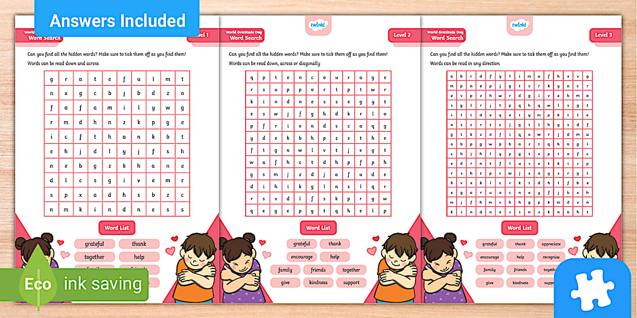 World Gratitude Day Word Search Puzzle Pack - AL - Kids