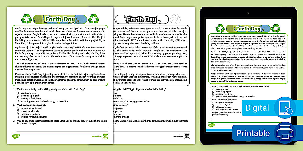 Seventh Gr Earth Day Reading Passage Comprehension Worksheet