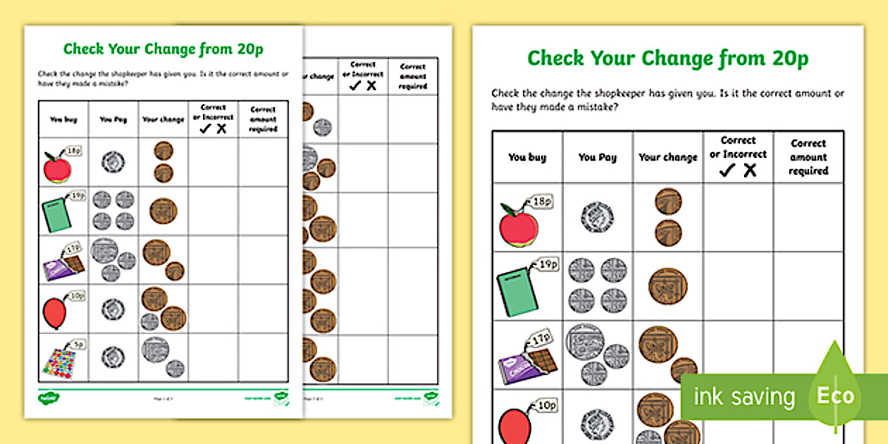 👉 Check Your Change from 20p Worksheet (teacher made)