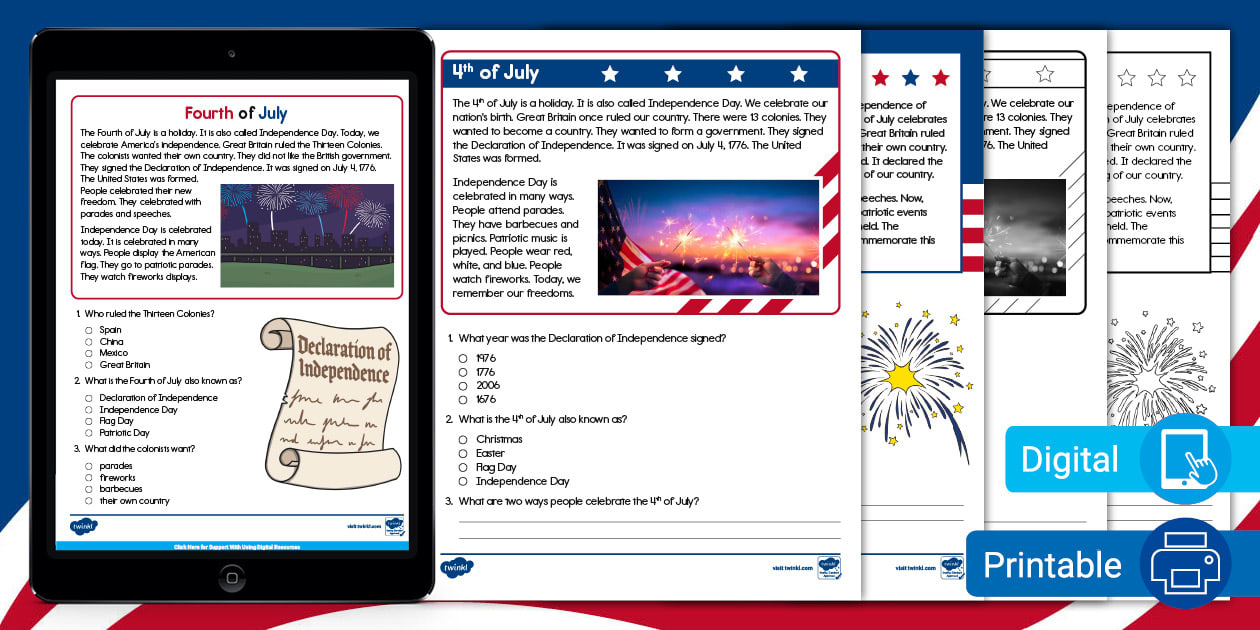 4th of July Reading Passage Comprehension Worksheets