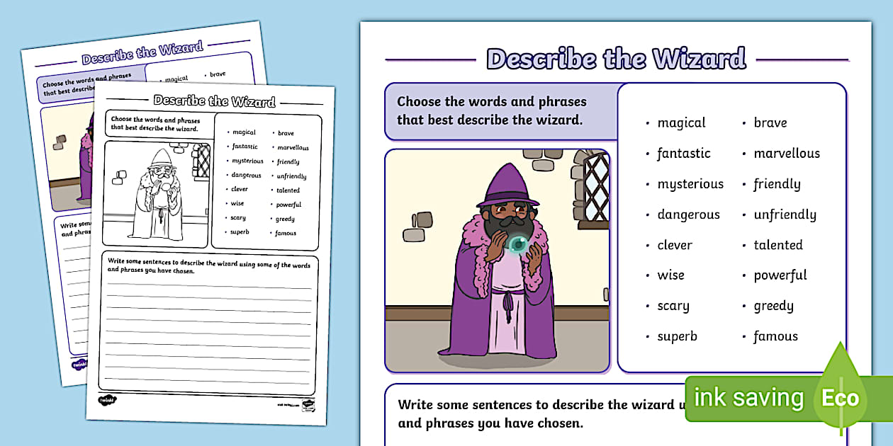 Describe the Wizard Worksheet (teacher made) - Twinkl