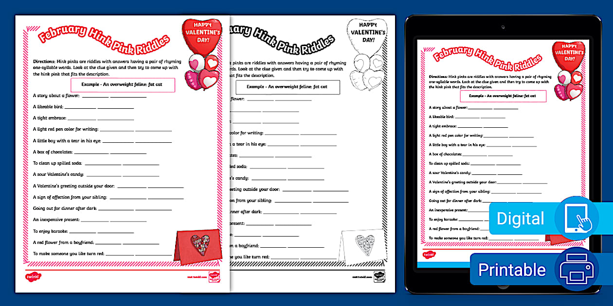 February Hink Pink Riddles Worksheet for 6th-8th Grade