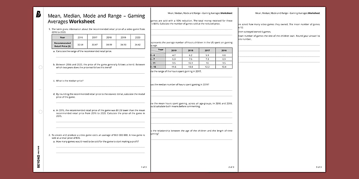 Gaming Mean, Median, Mode, and Range Worksheet - Beyond