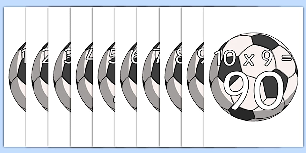 Cursive 9 Times Table on Footballs (teacher made) - Twinkl