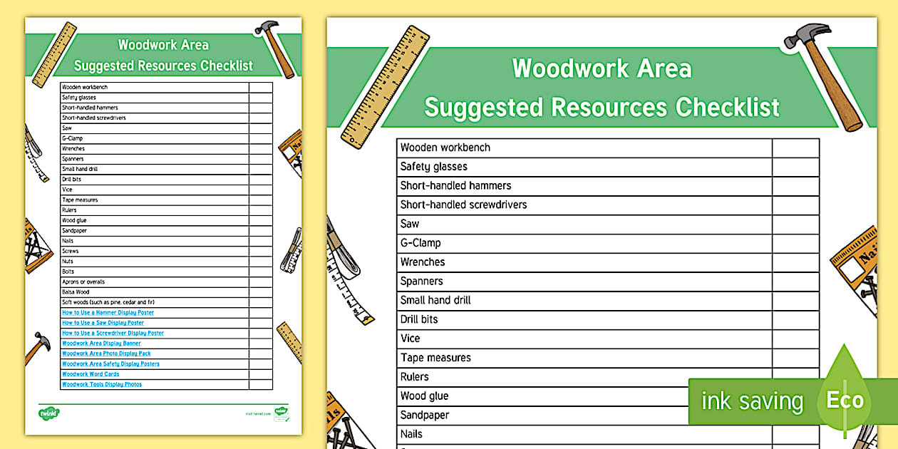 Woodwork Area Suggested Resources Checklist (teacher made)