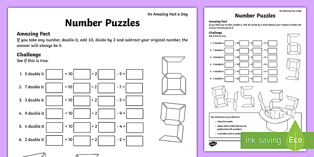 Maths Number Puzzles For Kids - Printable Worksheet - Twinkl