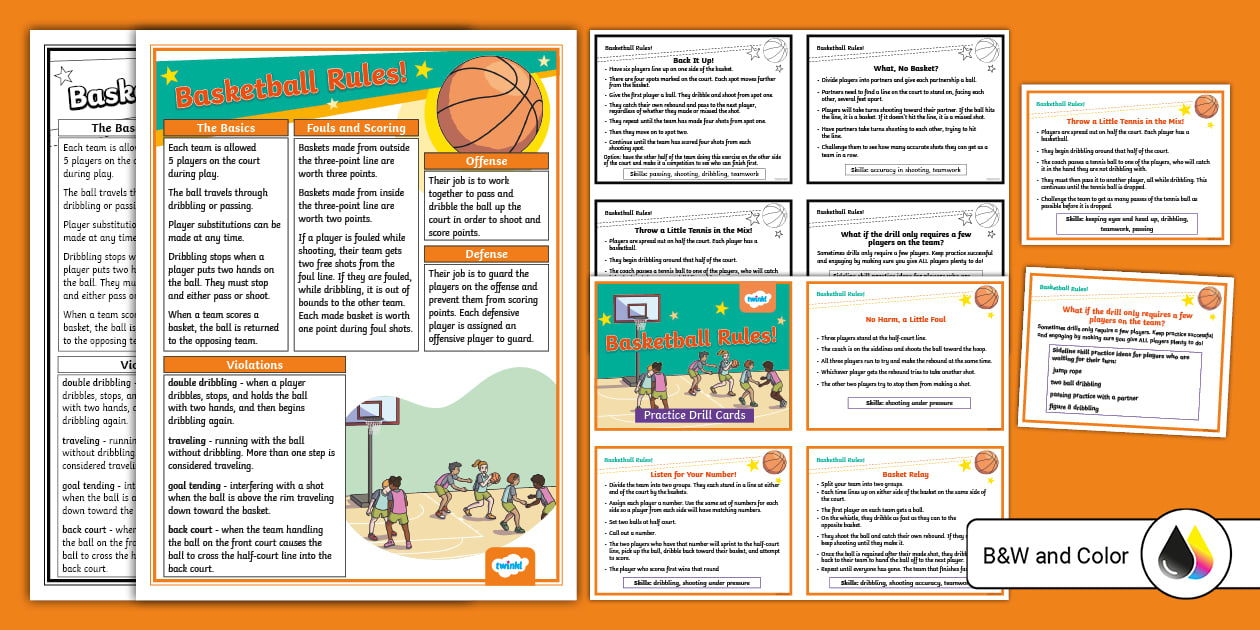 Basketball Rules Chart and Drill Cards for 3rd-5th Grade