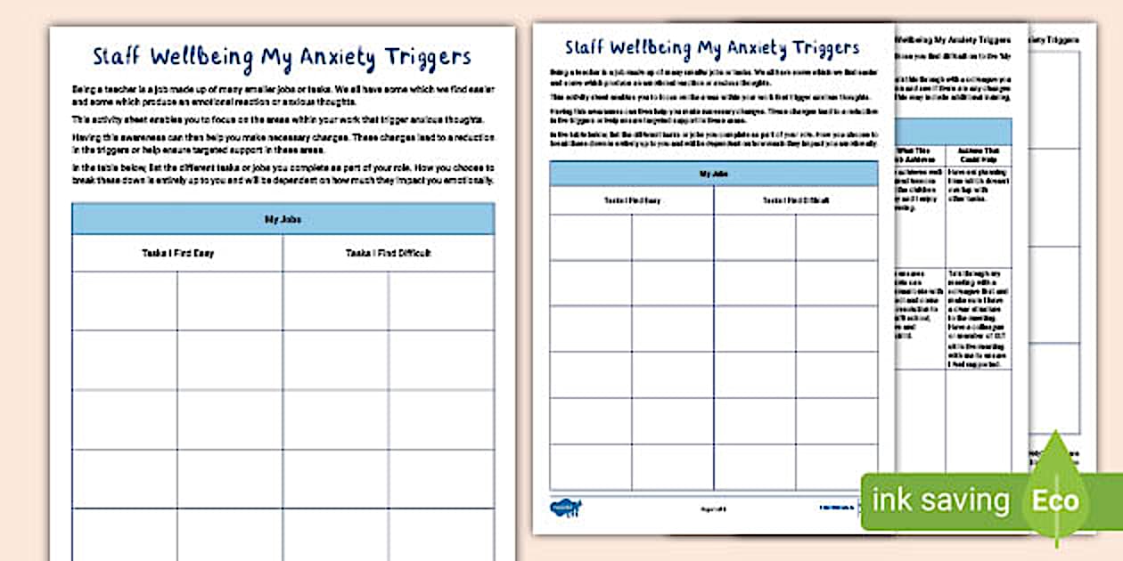 Staff Wellbeing My Anxiety Triggers Worksheet PDF - Twinkl