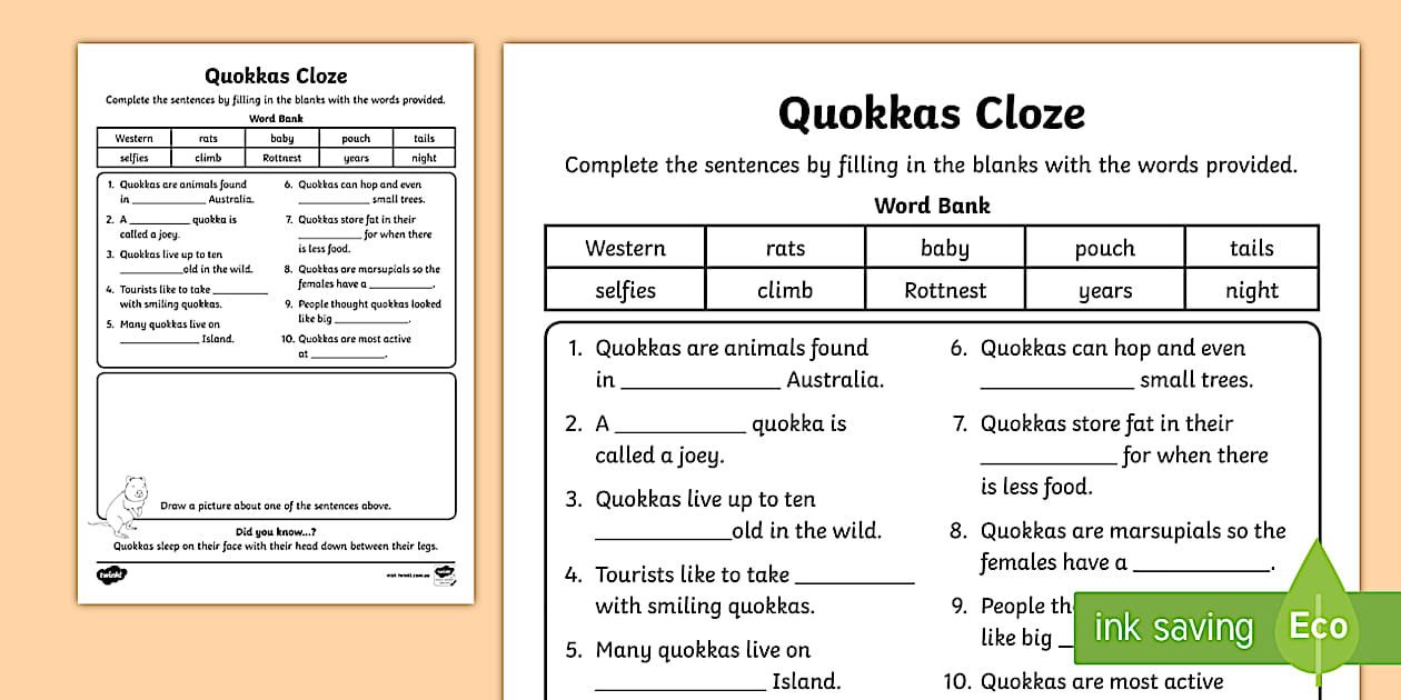 NSW Quokka Cloze Worksheet (teacher made) - Twinkl