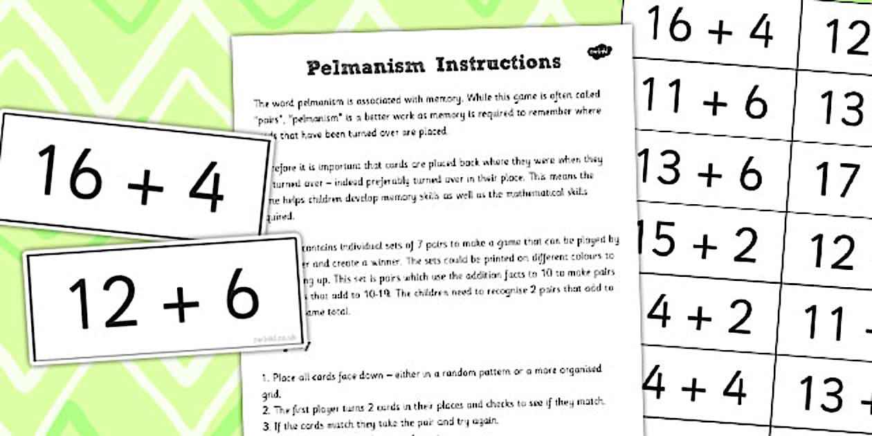 Pelmanism Addition Facts Game 11 to 20 using 1 to 10 - addition