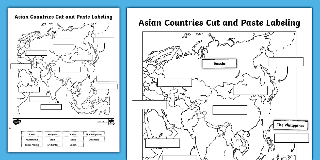 Asian Countries Cut and Paste Labeling Worksheet for 3rd-5th Grade