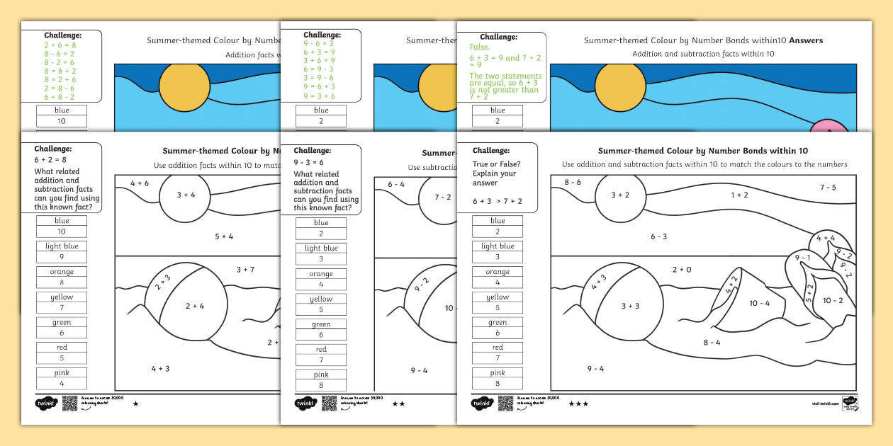 👉 Colour by Number Bonds Within 10 Summer Worksheet