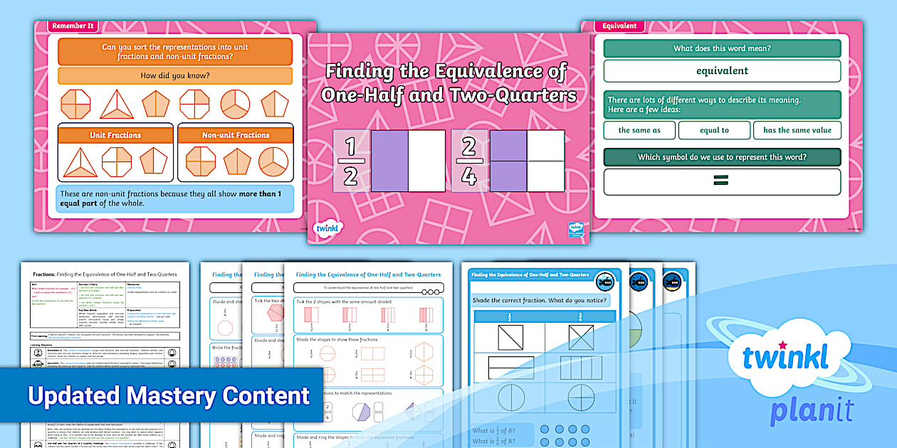 👉 Y2 Equivalence of One-Half and Two-Quarters PlanIt Maths