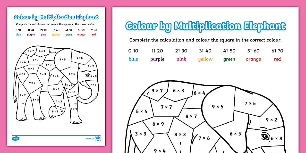 Colour by Multiplication Elephant Activity Sheet - Twinkl