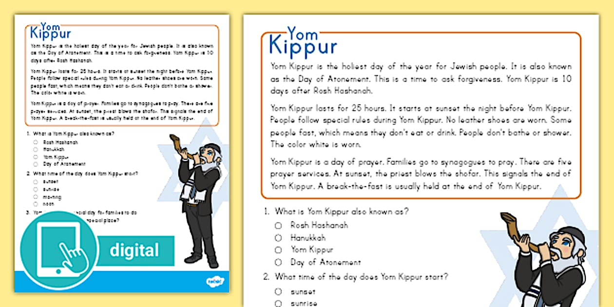 Second Grade Yom Kippur Reading Passage Comprehension Worksheet