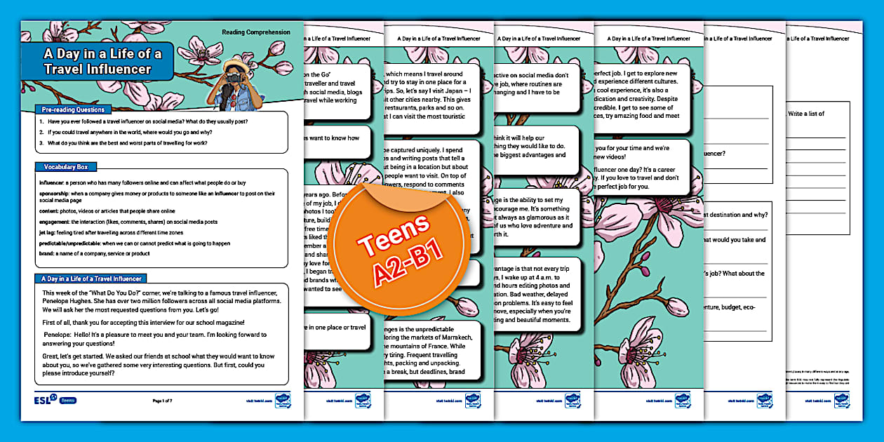 ESL A Day in a Life of a Travel Influencer Reading Comprehension for ...