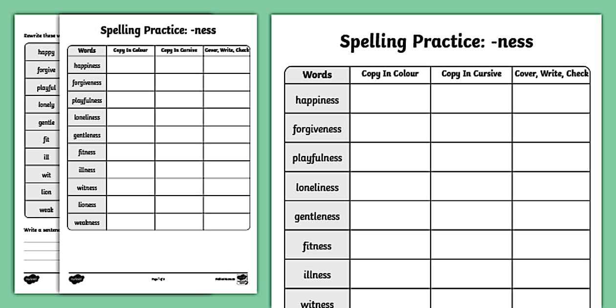 Grade 3 -ness Spelling Practice Sheets (teacher made)