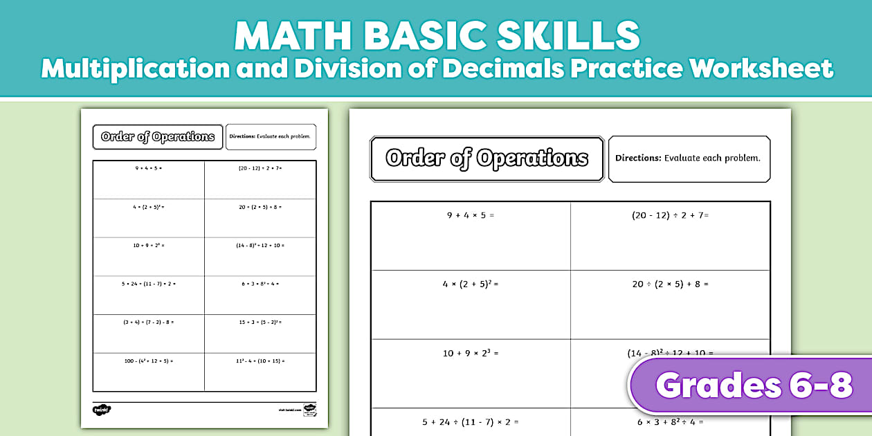 Math Basic Skills Order of Operations Practice Worksheet