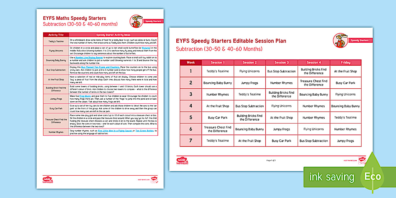 EYFS Maths Speedy Starters: Subtraction (30-50 & 40-60 Months)