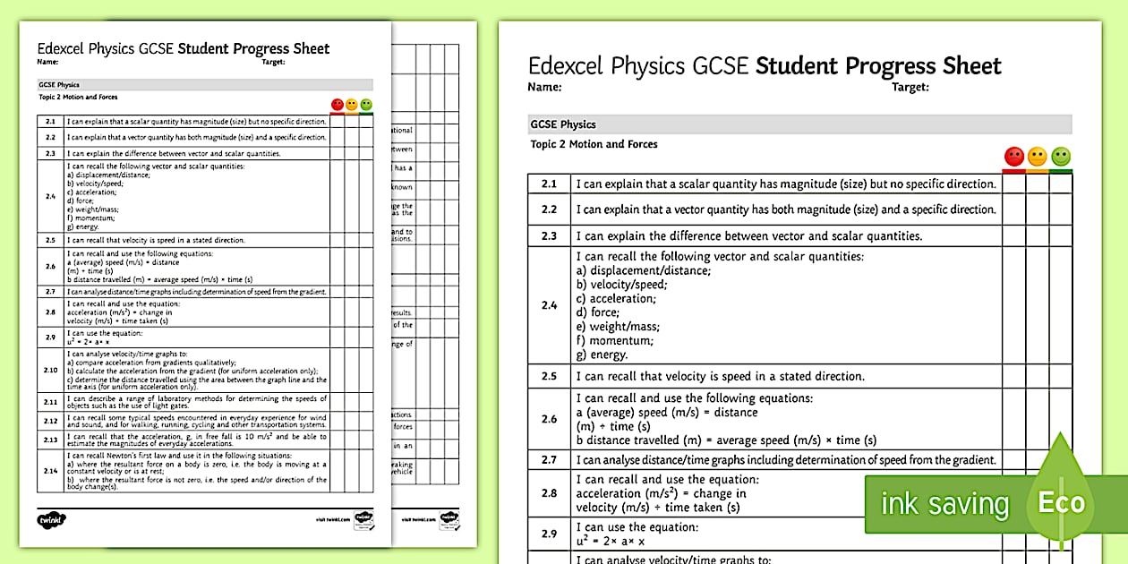 Edexcel Style GCSE Physics, Motion and Forces Progress Sheet