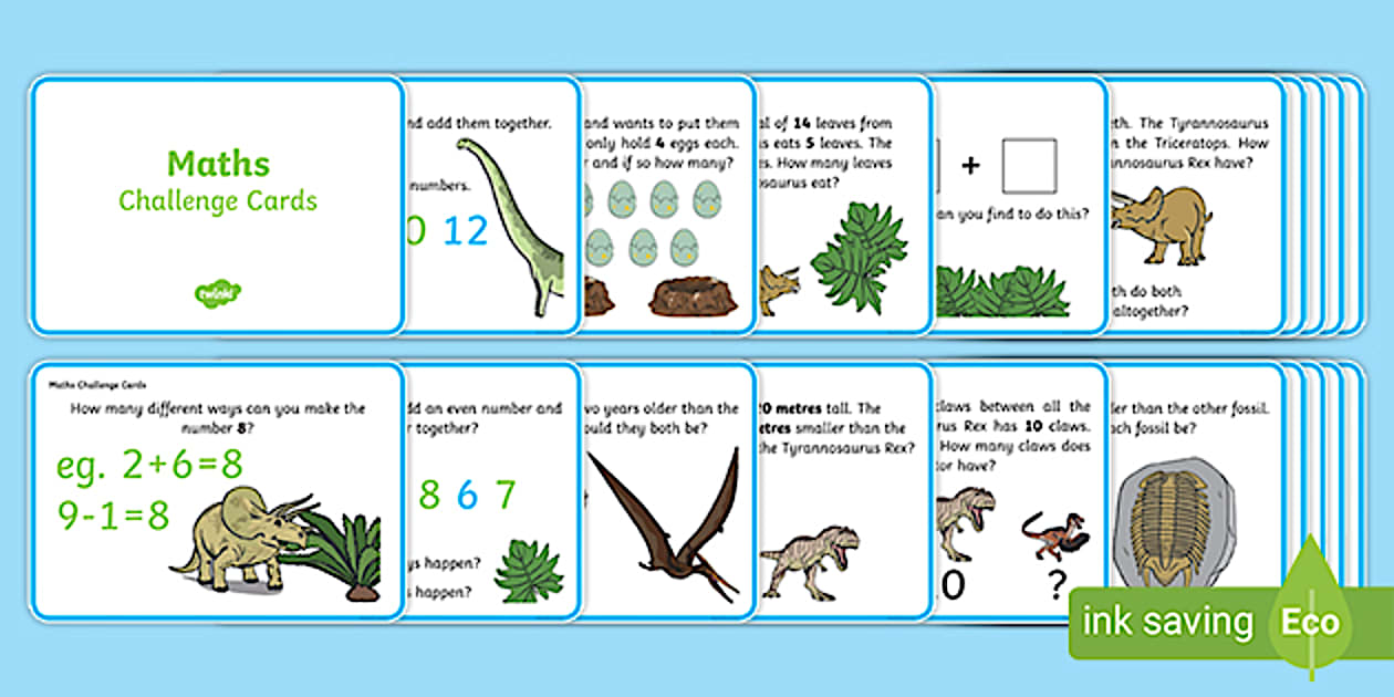Editable Dinosaur Themed KS1 Maths Challenge Cards - Twinkl