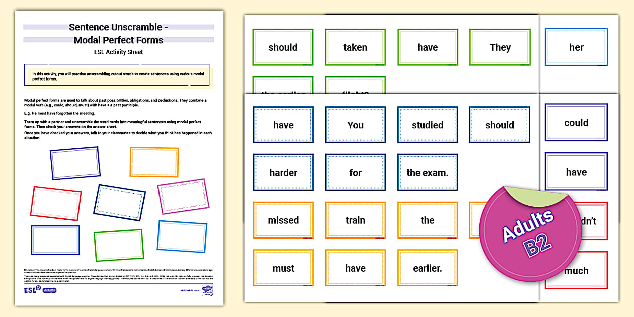 ESL Sentence Unscramble Worksheet [Adults, B2] - Twinkl