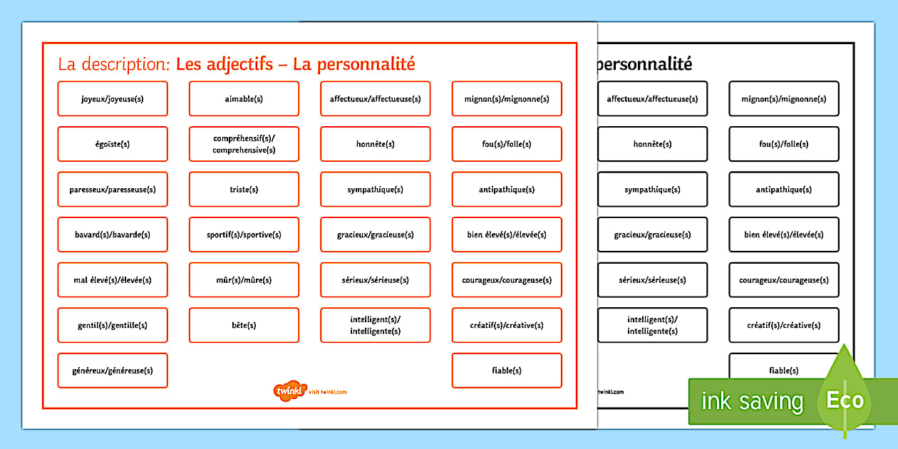 Character Description Adjectives Word Mat French