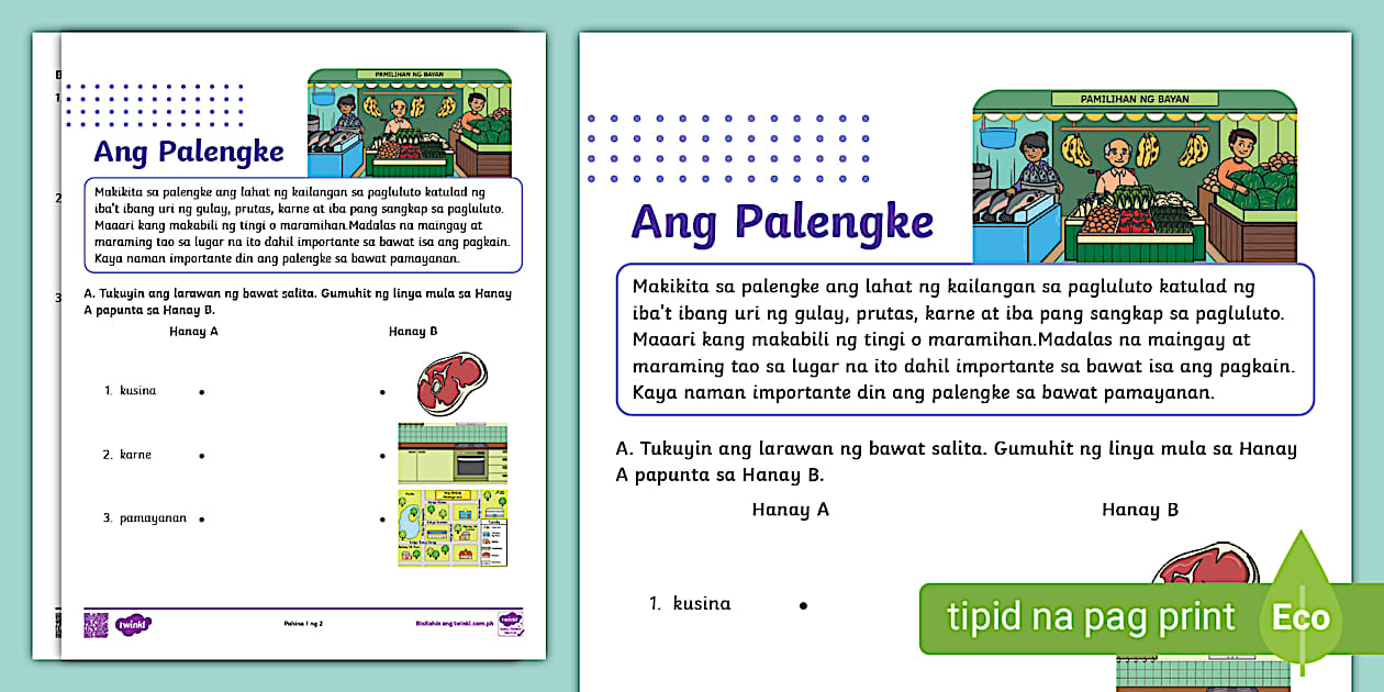 Pagbasa at Pag-unawa Worksheet (Ang Palengke) | Twinkl
