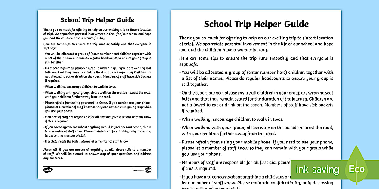 Editable School Trip Guide for Parents (teacher made)