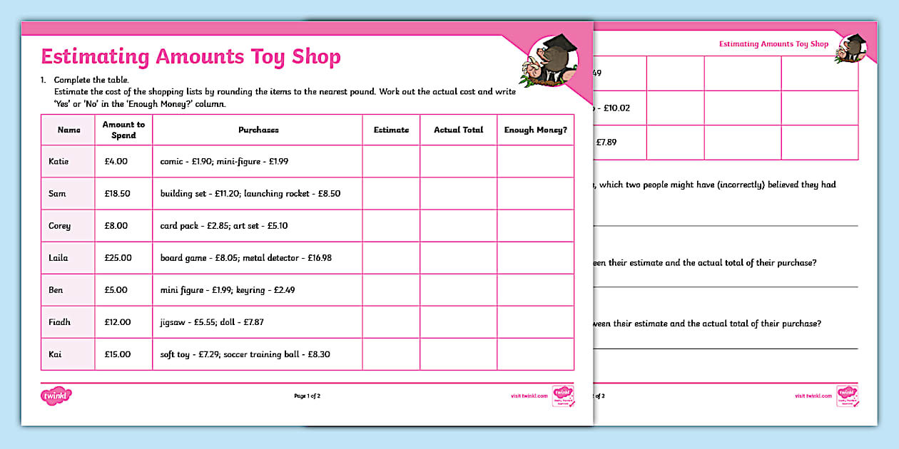 Estimating Amounts Toy Shop Activity Sheets (Teacher-Made)