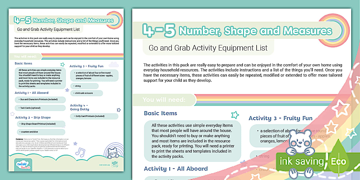 4-5 Years Number Shape Measures Equipment List - Twinkl