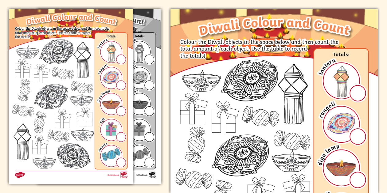 Diwali Colour and Count Worksheet (teacher made) - Twinkl