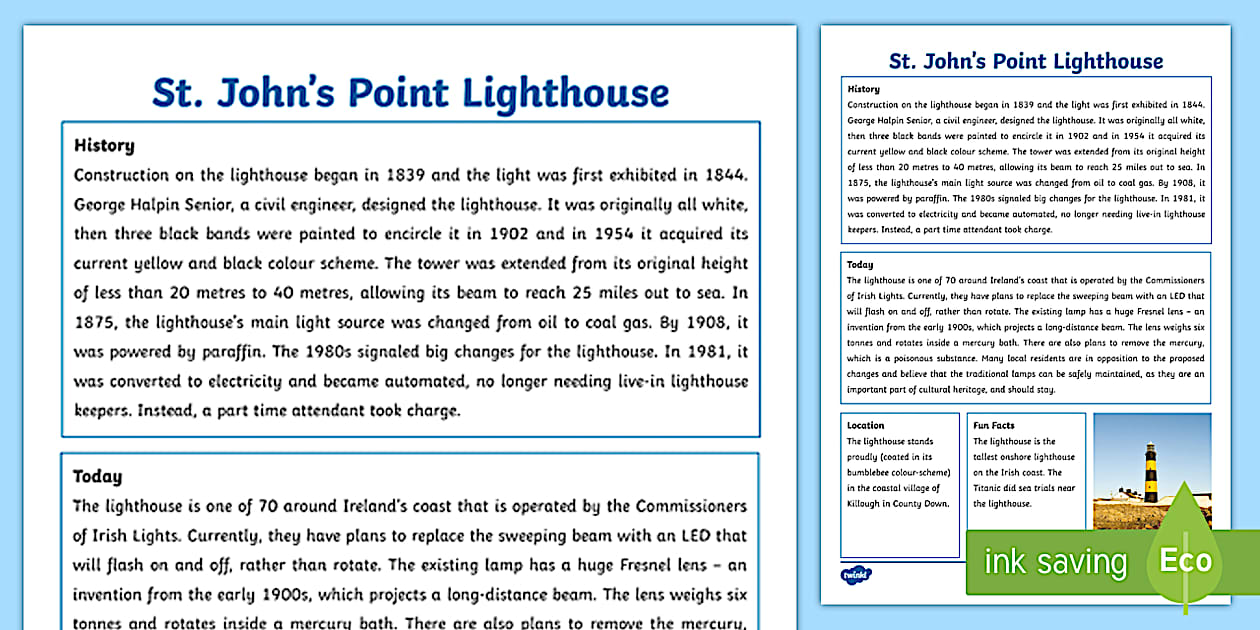 Northern Ireland St. John's Point Lighthouse Fact Sheet