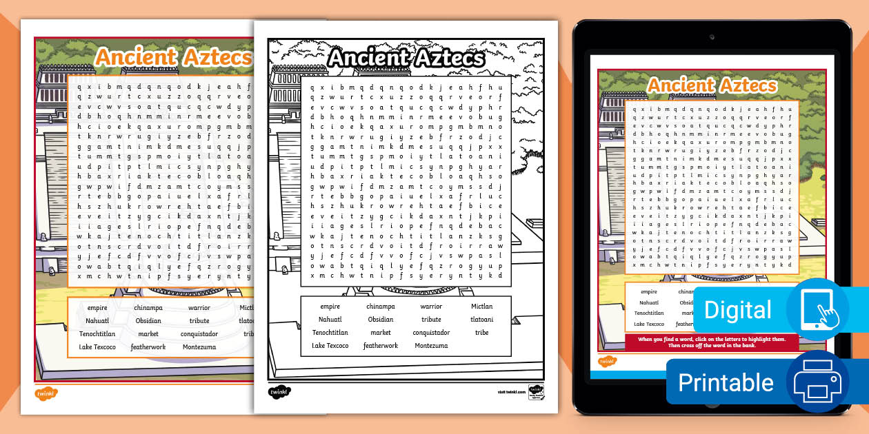 Ancient Aztecs Word Search for 6th-8th Grade (teacher made)