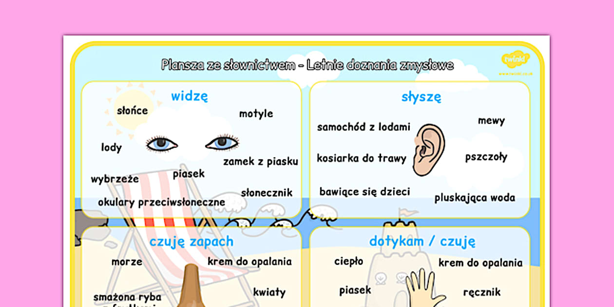 Plansza ze słownictwem Lato po polsku - zmysły - Twinkl