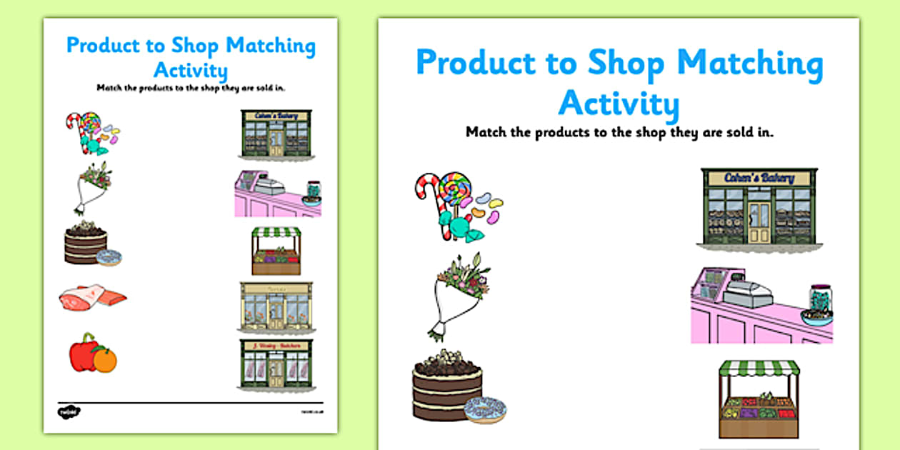 Black and White Product to Shop Matching Worksheet Pack