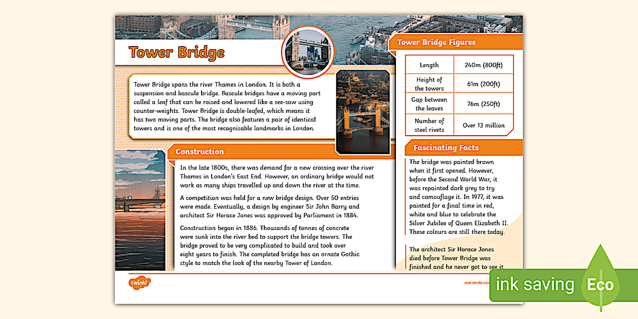 Tower Bridge Fact File - KS2 - London - Landmark - Twinkl