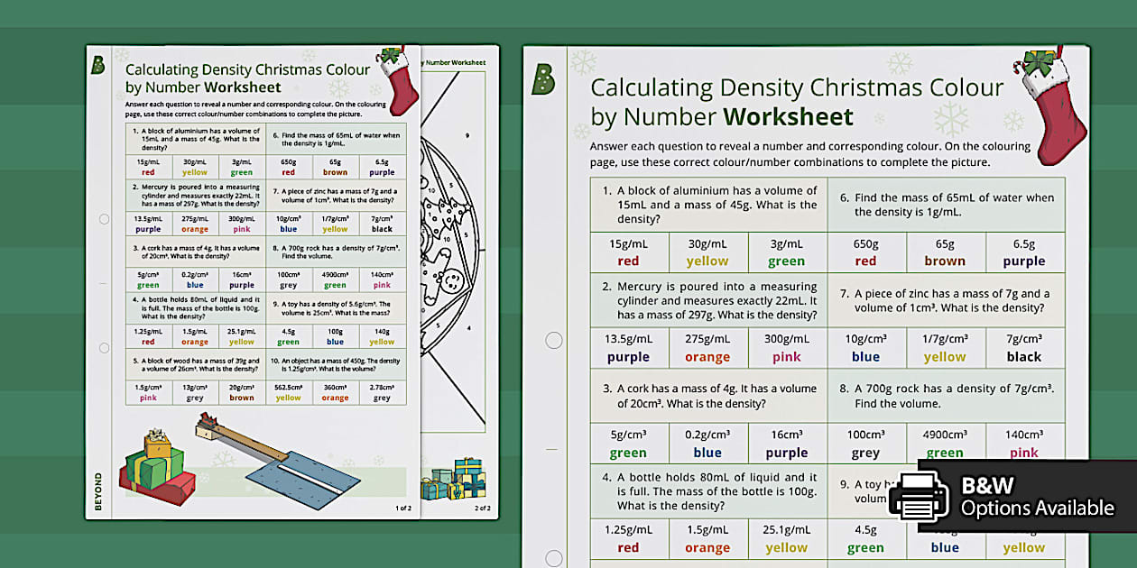 Calculating Density Colour by Number Christmas Activity