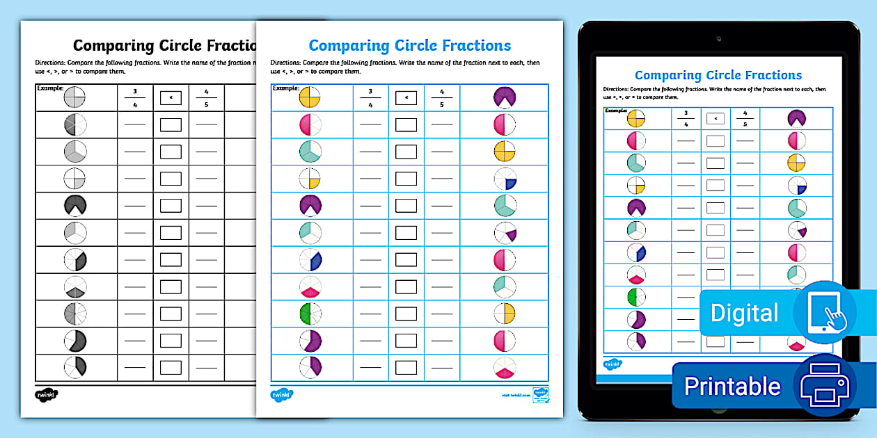 Third Grade Comparing Circle Fractions Worksheet - Twinkl