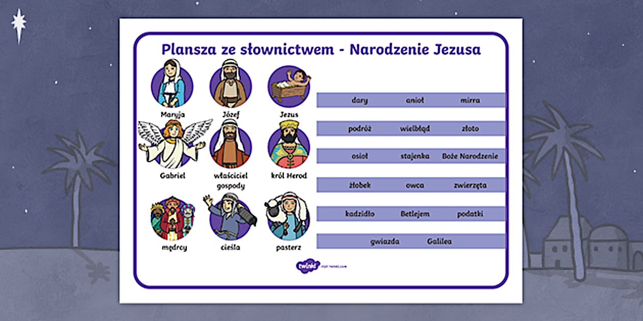 Plansza ze słownictwem Boże Narodzenie po polsku - religia
