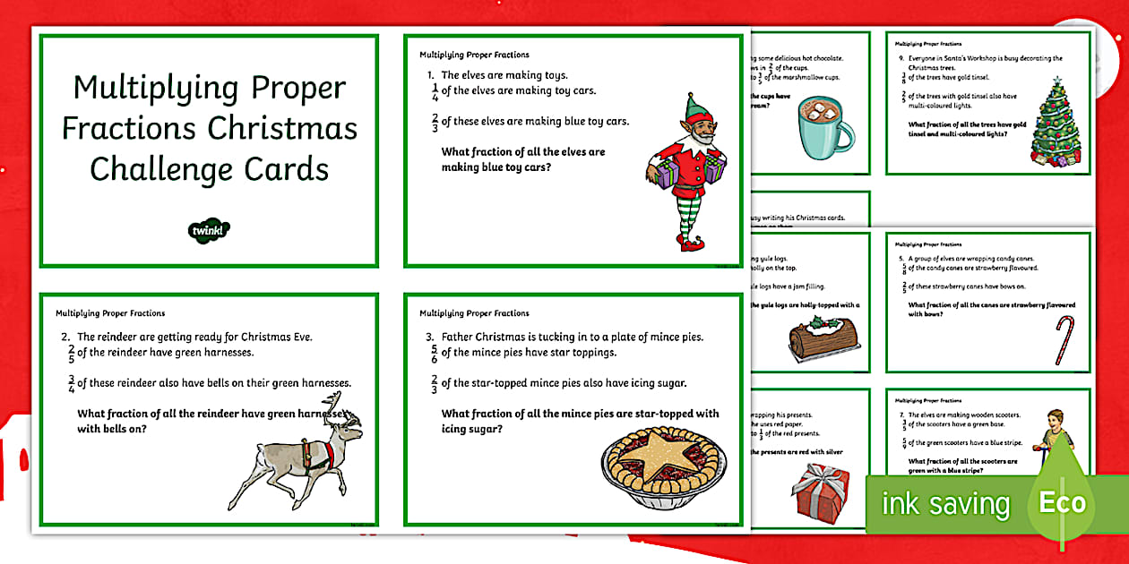 Black and White Year 6 Christmas Multiplying Fractions Challenge Cards