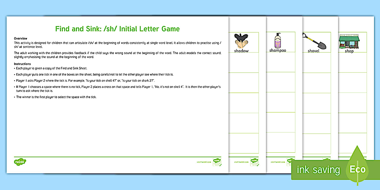 Find and Sink /sh/ Initial Sound Game (teacher made)