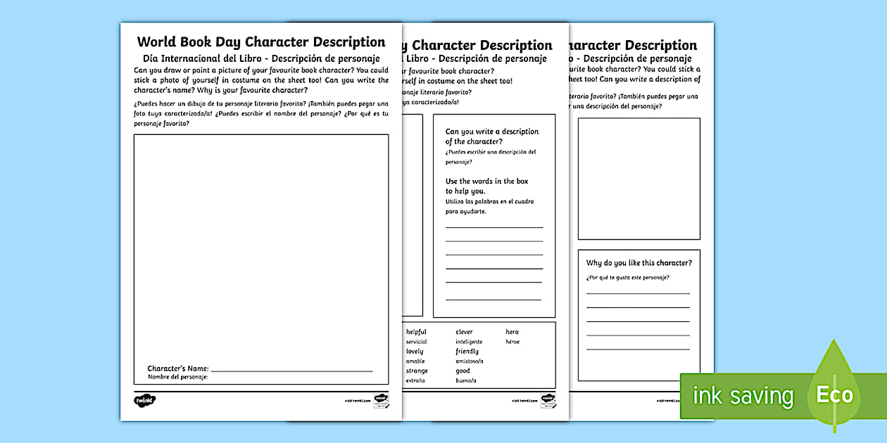 World Book Day Character Description Worksheet - English / Spanish